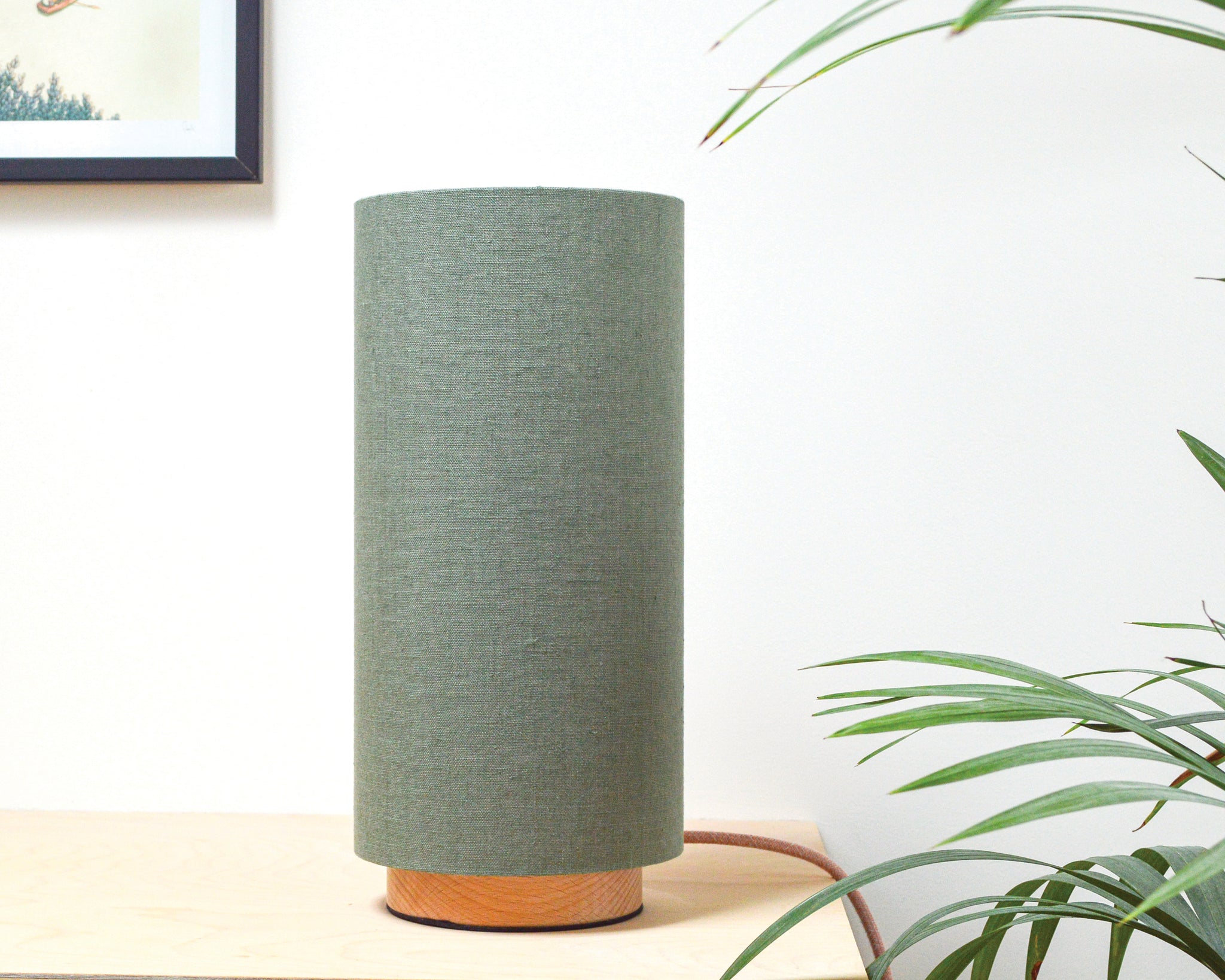 Sage green linen slim table lamp, with wooden base – lumelighting