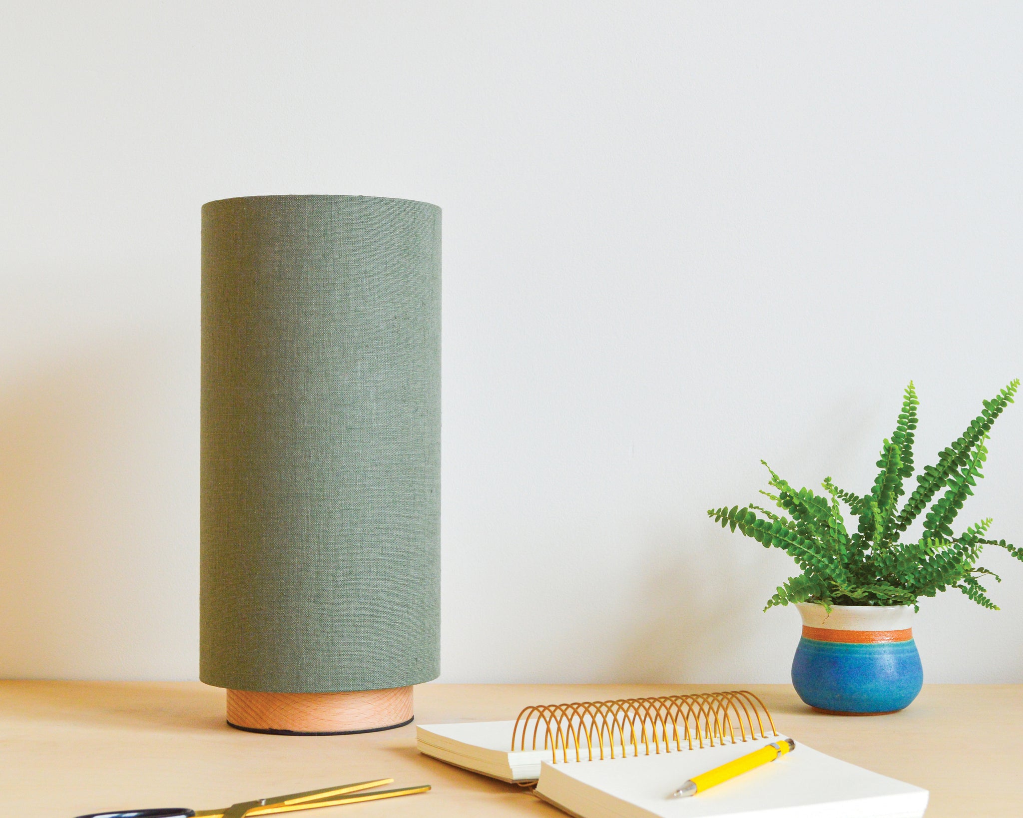 Sage green linen slim table lamp, with wooden base – lumelighting